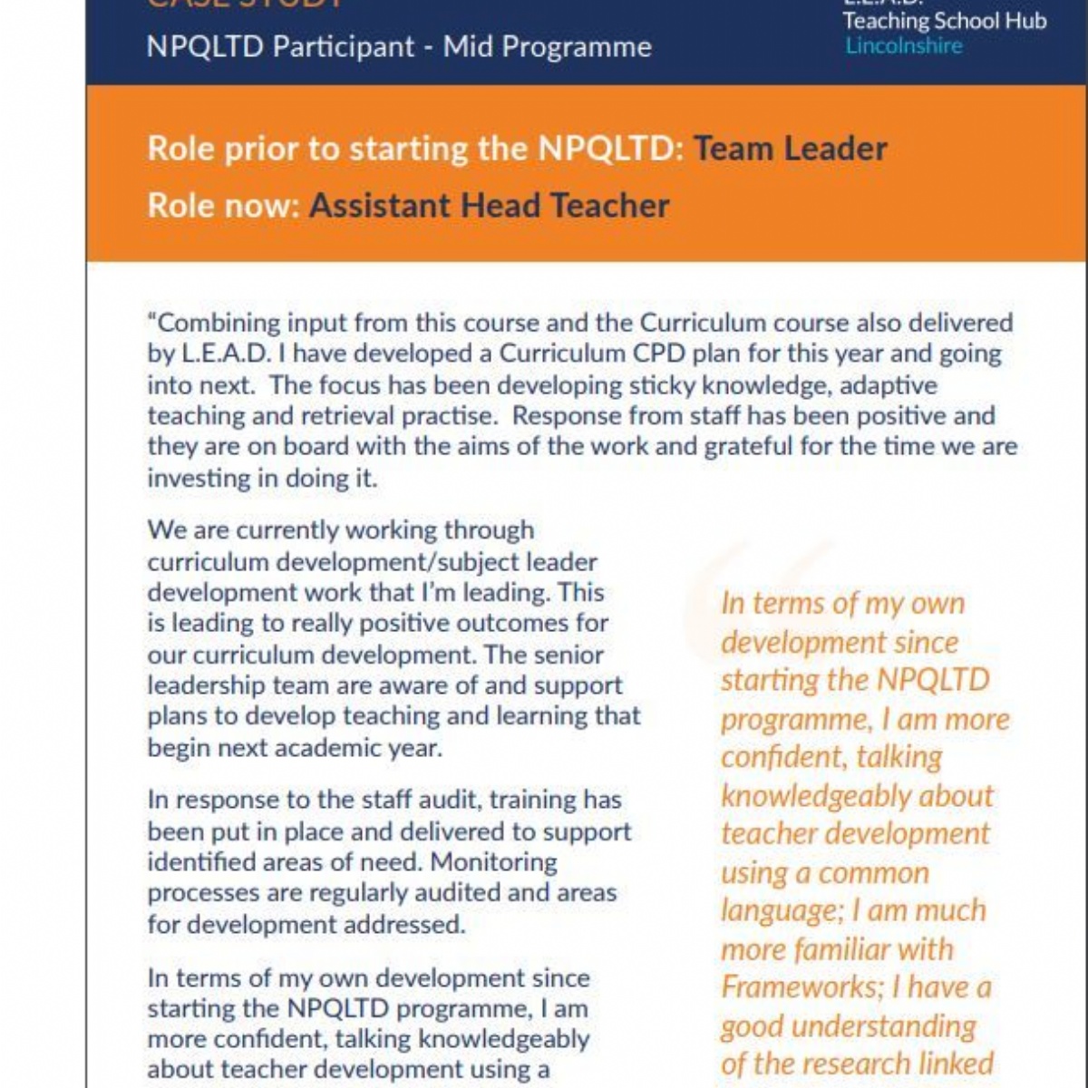 L.E.A.D Teaching School Hub - NPQ Mid Programme Case Study